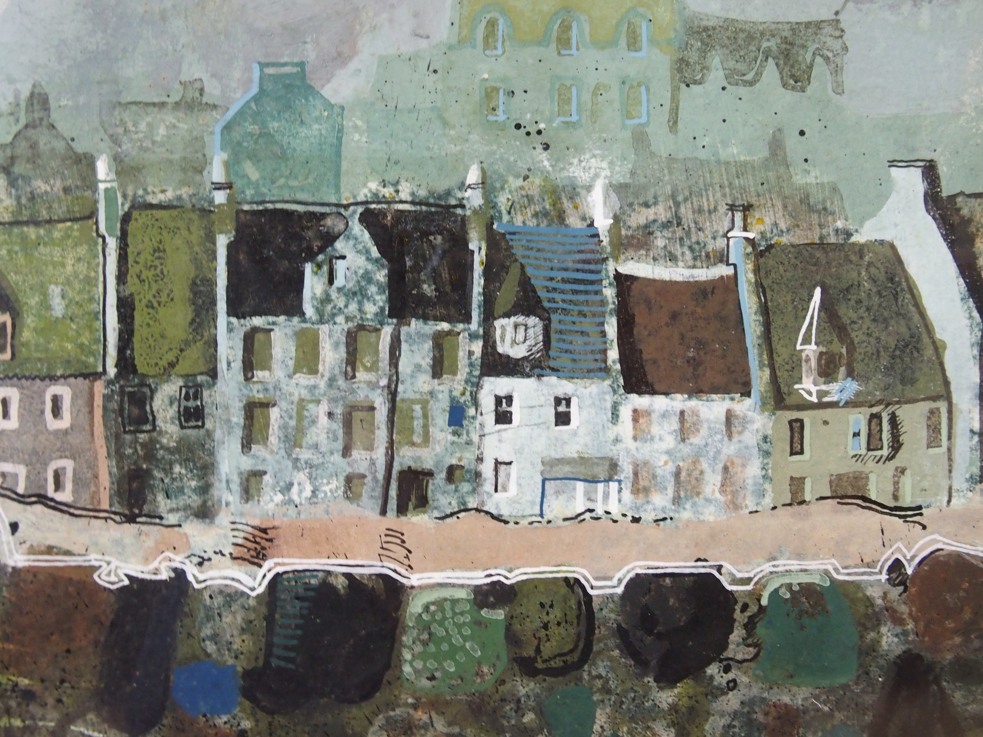 •GEORGE BIRRELL (Scottish b. 1950) FISHING VILLAGE Gouache, signed and ...