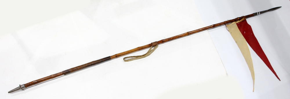 Monumental jousting lance, executed in bamboo, with a leather handle ...