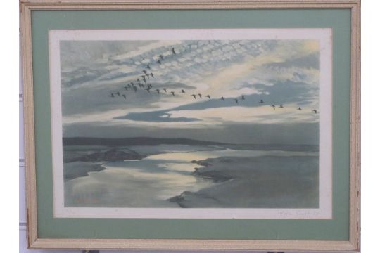 Peter Scott (1909-1989) signed print birds over river at sunset 1937 ...