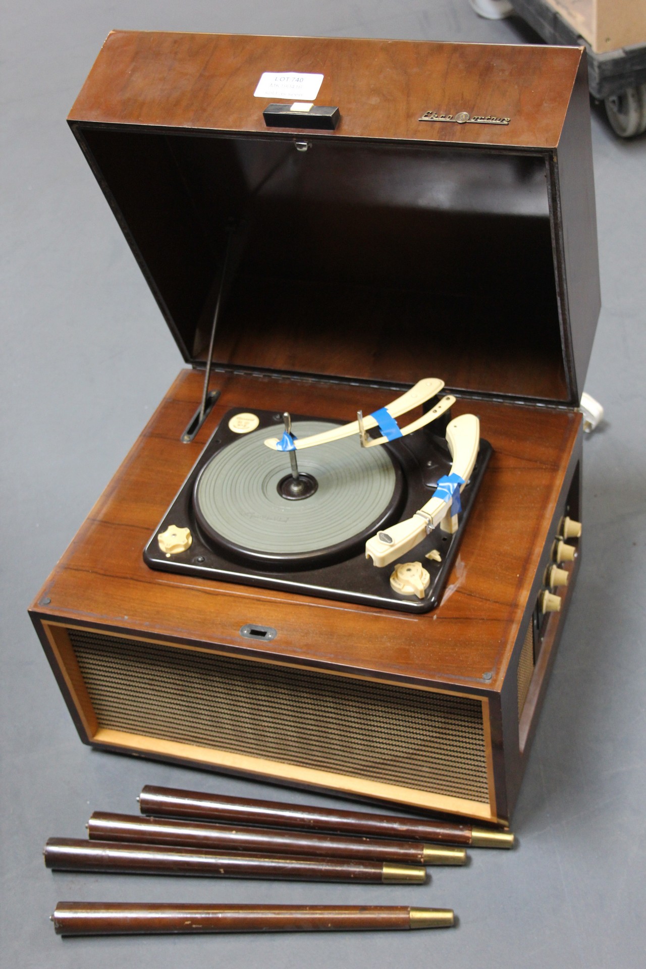VINTAGE EKCO 9 OCTAVE RECORD PLAYER ON LEGS WITH GARRARD TURNTABLE.