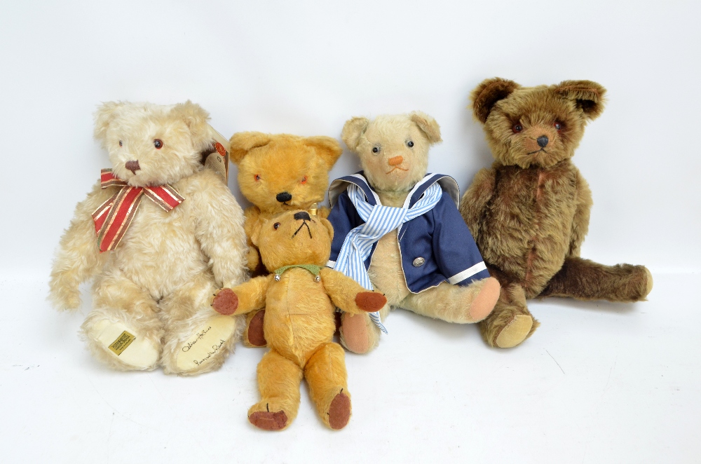 Five teddy bears comprising a limited edition Merrythought mohair ...