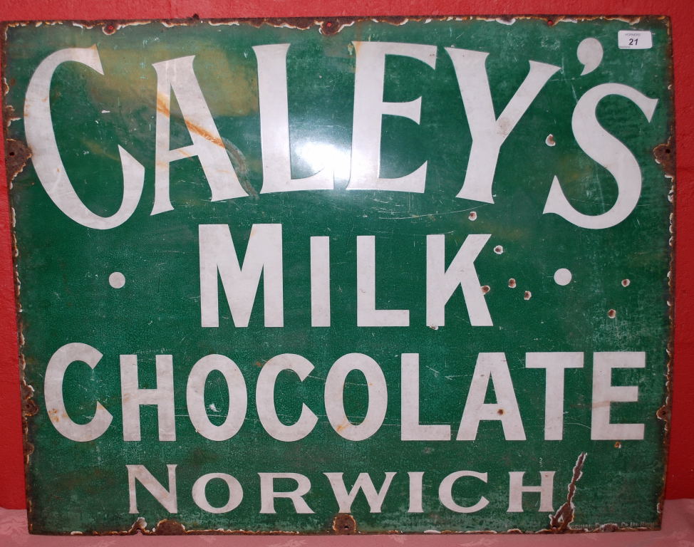 VINTAGE ENAMEL SIGN "CALEY MILK CHOCOLATE NORWICH" 61 X 76 CM APPROX