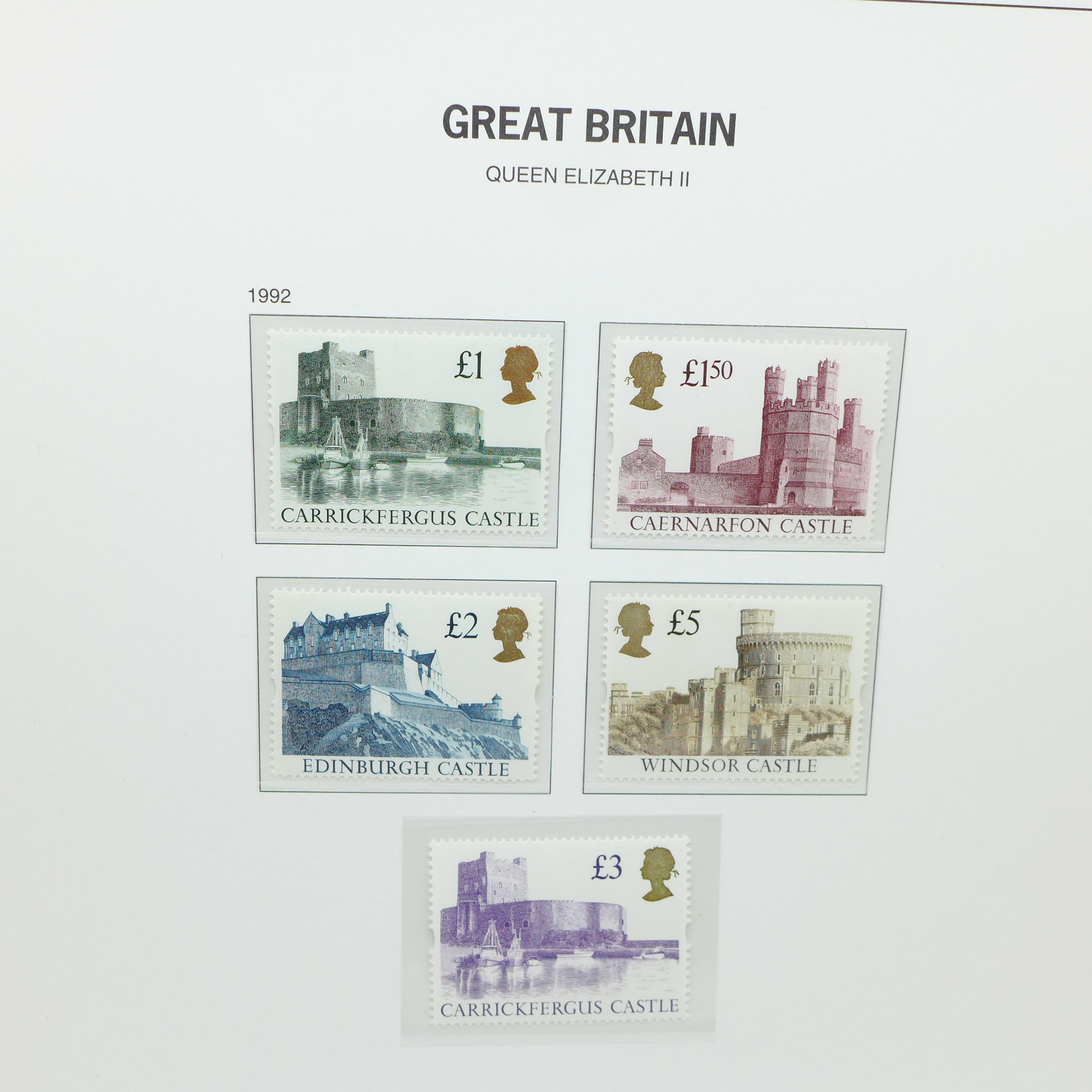 Stamps: Great Britain; 1992 castles £1 to £5, 1993 £10 Britannic, 1970 ...