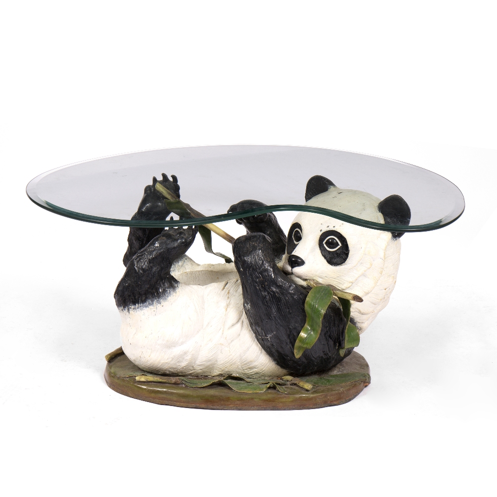 A PAINTED CAST BRONZE 'PANDA' COFFEE TABLE with shaped glass top, 107cm ...