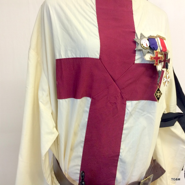 A Knights Templar complete Masonic regalia consisting of Smock, Hooded ...