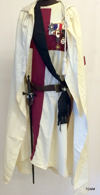 A Knights Templar complete Masonic regalia consisting of Smock, Hooded ...