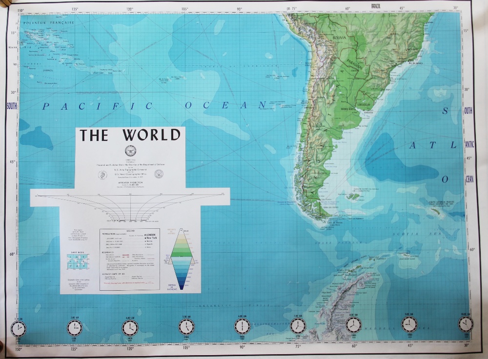 Nine 'The World' Department of Defense USA maps, series 1142, forming a ...