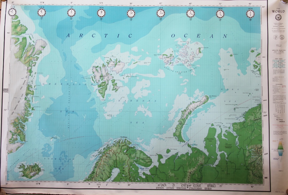 Nine 'The World' Department of Defense USA maps, series 1142, forming a ...