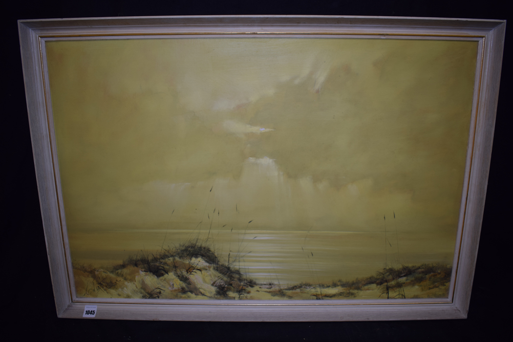 An oil painting, by Colin Rule - seascape with dunes in the foreground ...