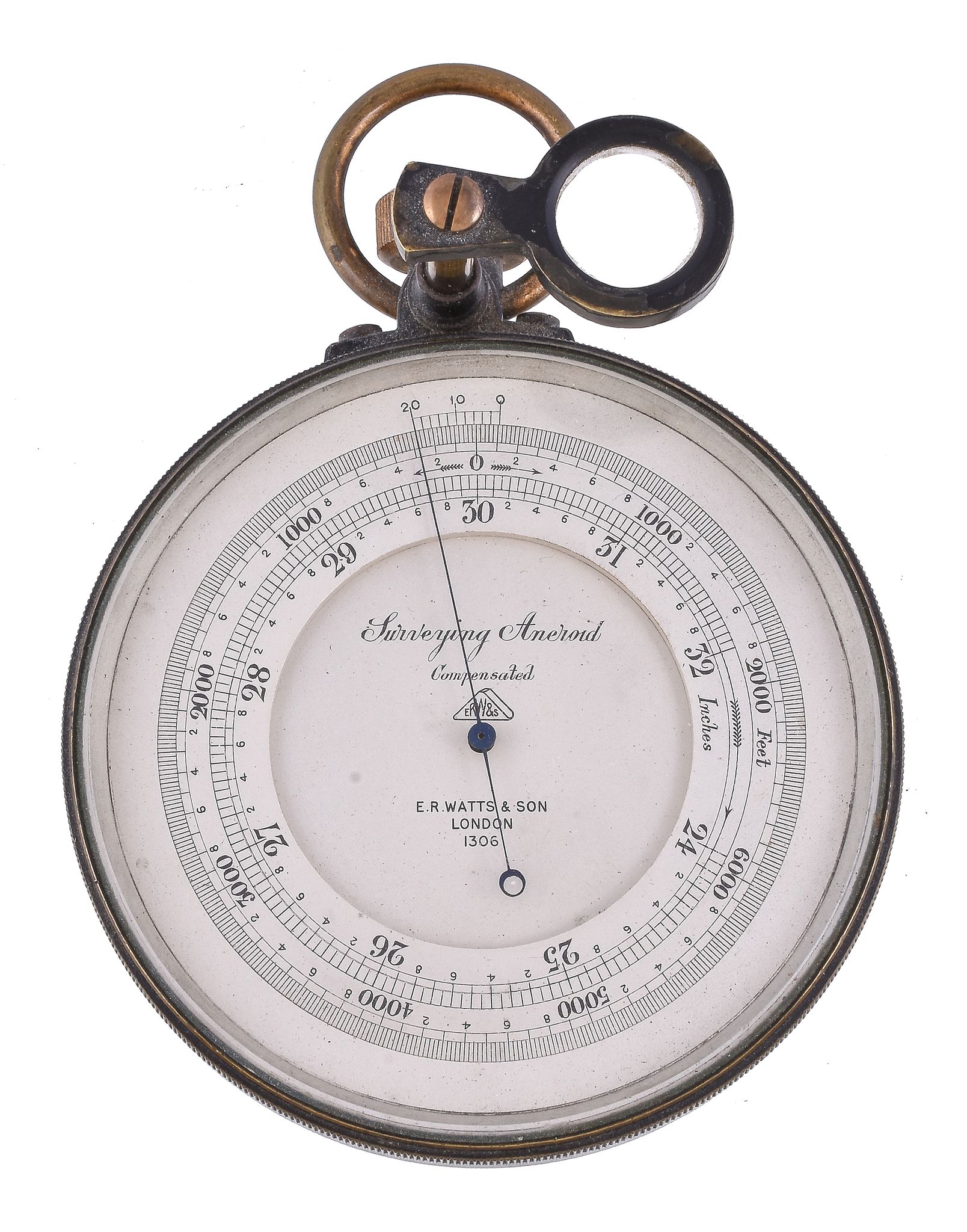 An oxidised brass cased aneroid pocket surveying barometer with ...