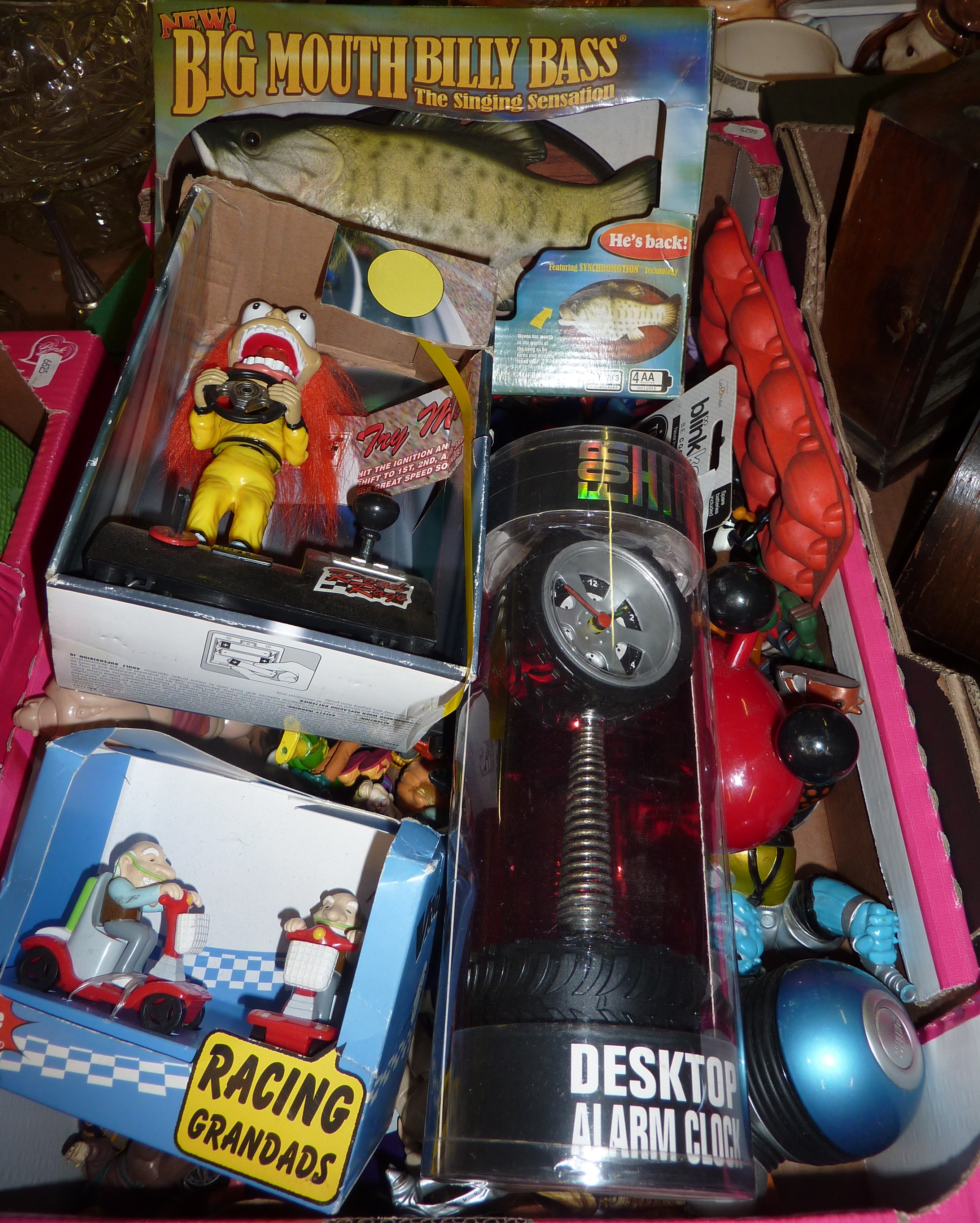 Box of toys inc 'Racing Grandads', 'Road Rage Racer', 'Big Mouth Billy ...