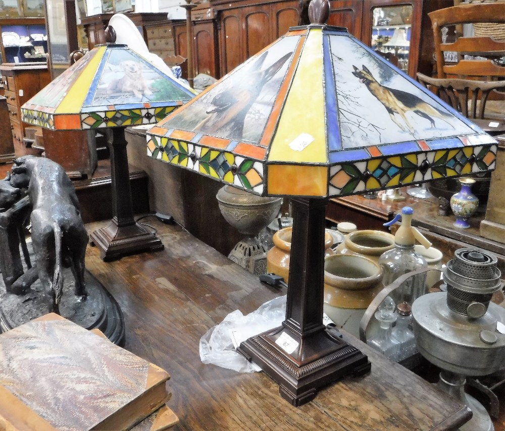 DANBURY MINT; A 'GERMAN SHEPHERD' STAINED GLASS TABLE LAMP in the ...