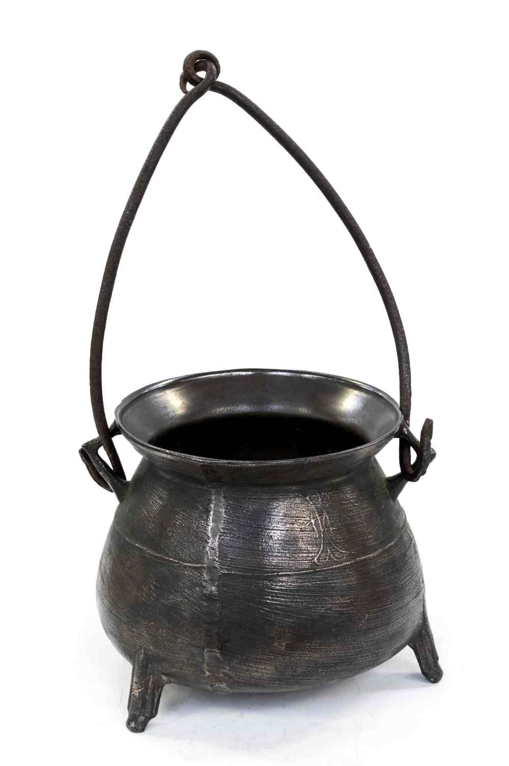 An English early 18th century bronze cauldron with articulated iron ...