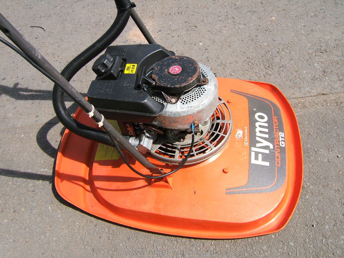 A "Flymo Contractor GT2" Hover Mower with 2 stroke petrol engine.