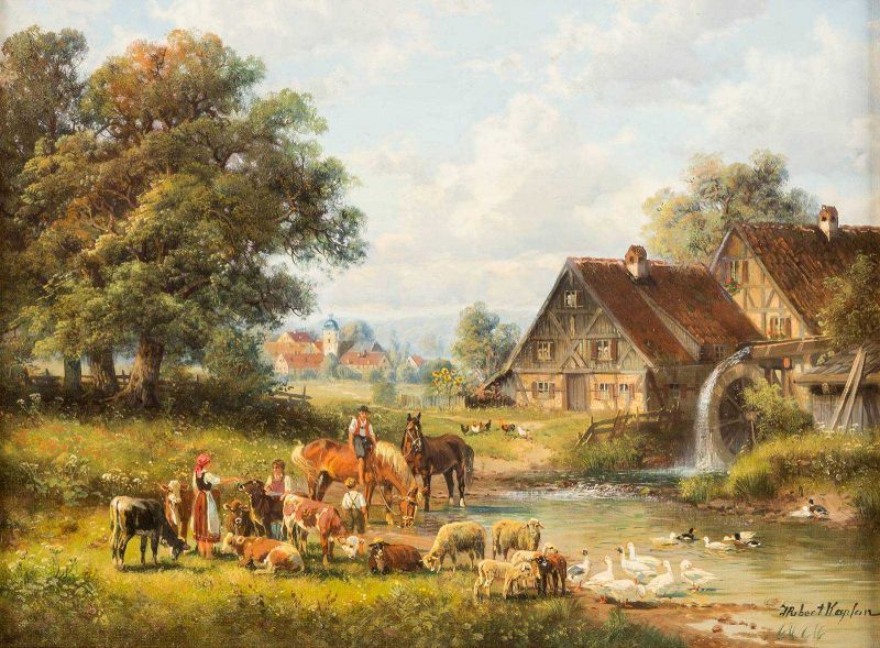 HUBERT KAPLAN 1940 München Dorfidyll an der Wassermühle Öl auf Leinwand ...