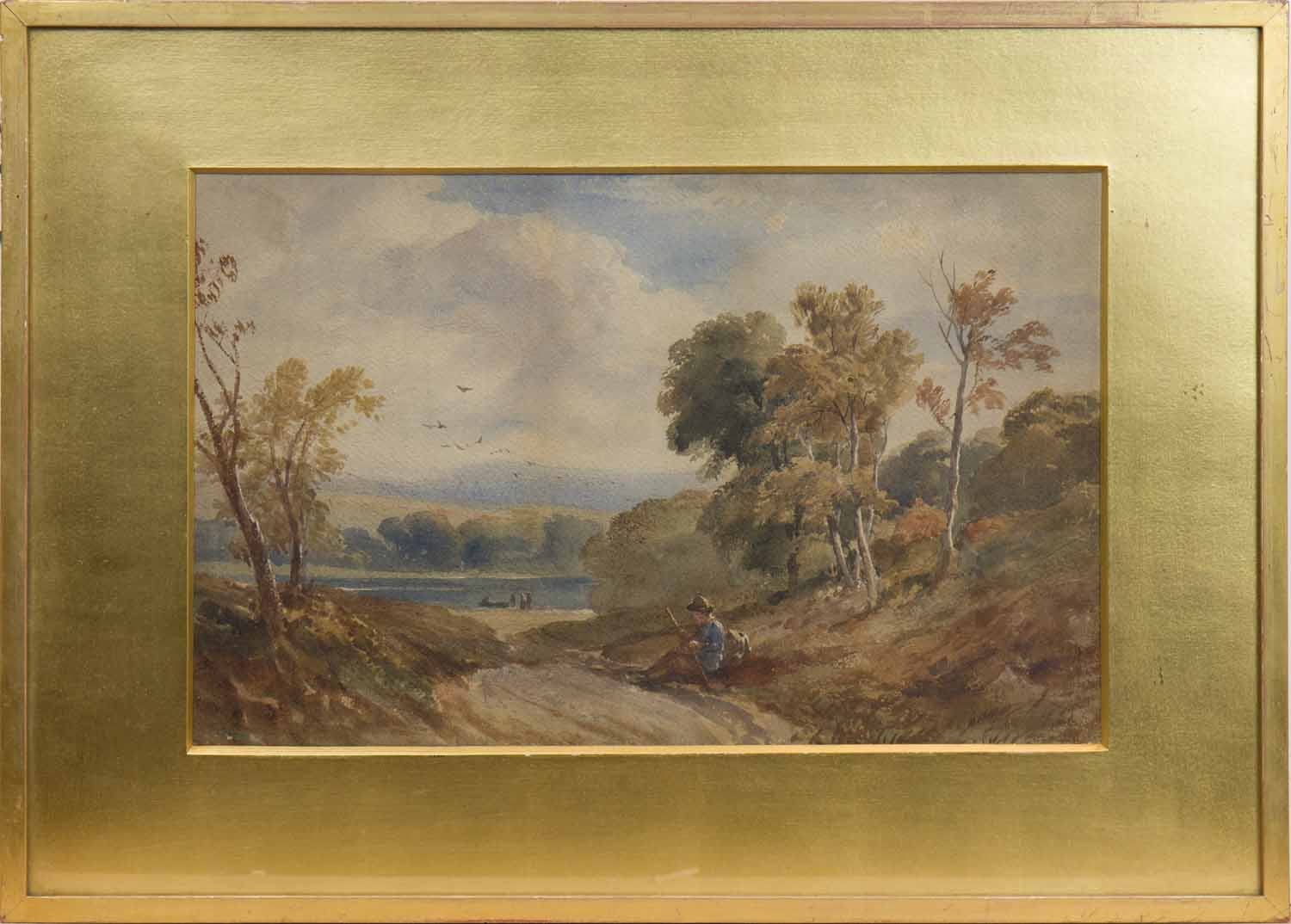 WILLIAM LINTON (ENGLISH 1791 - 1876), FIGURE RESTING BY A COUNTRY LANE ...