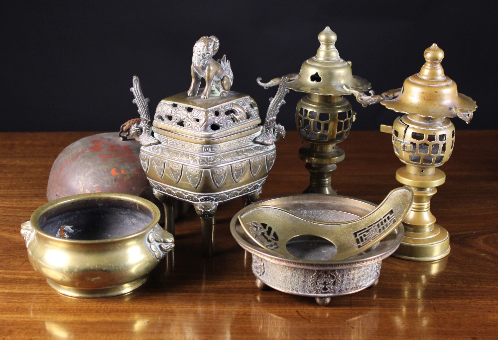A Collection of Chinese Brassware: A 19th century censer surmounted by ...