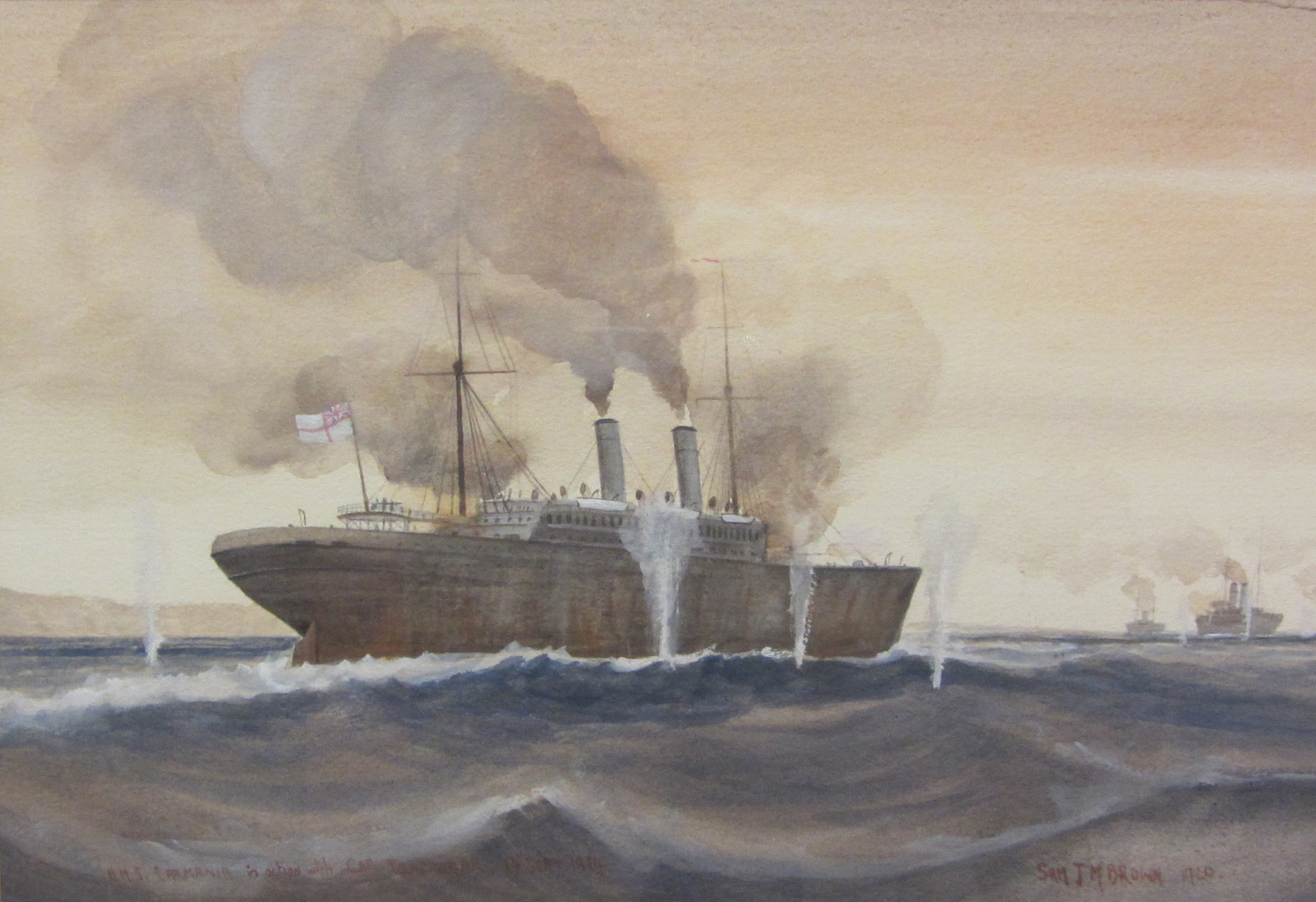 S J M Brown (British 1873-1965): 'HMS Carmania in Action with Cap ...