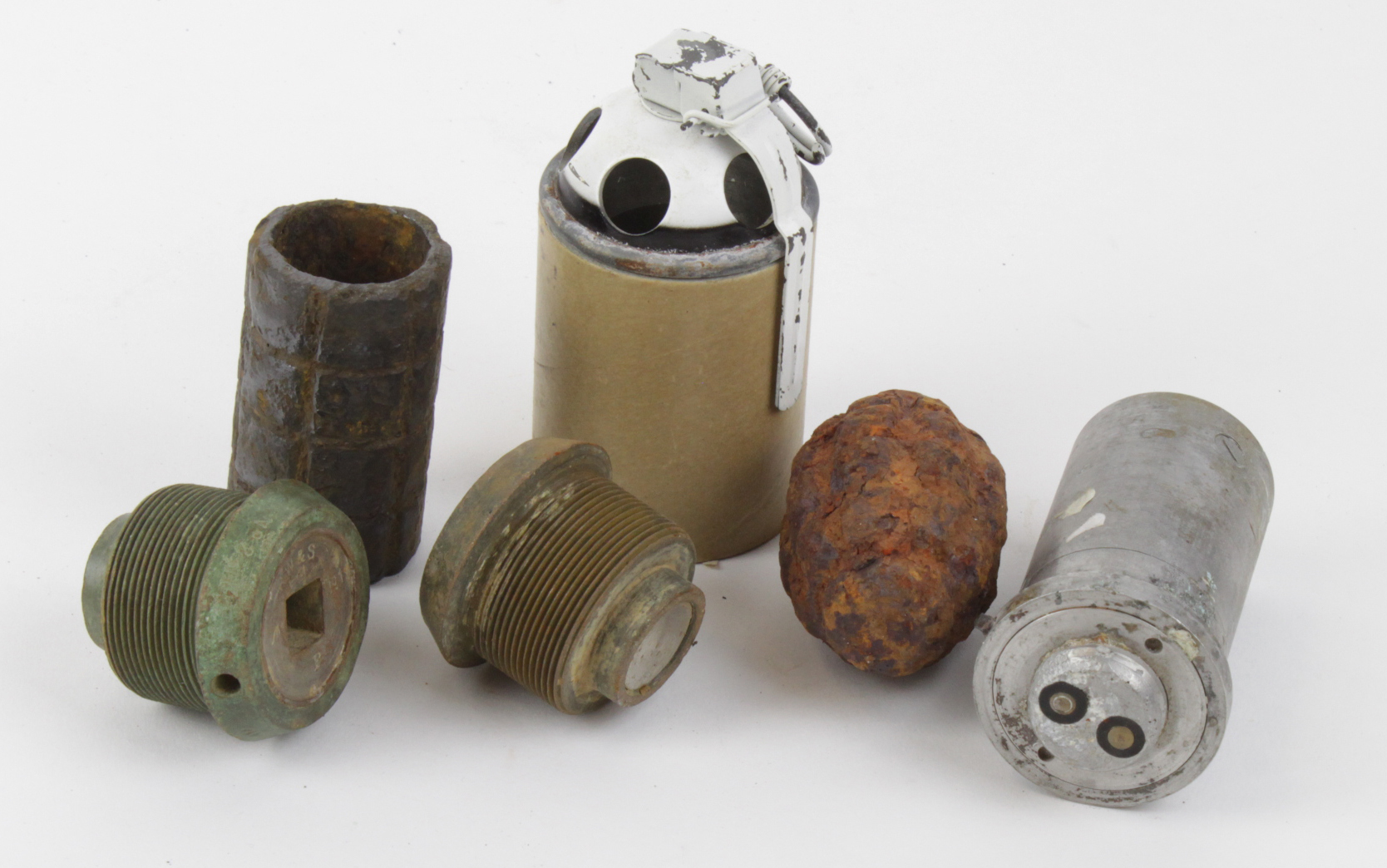 Box of mixed deactivated ordnance including grenades, German bomb fuse ...
