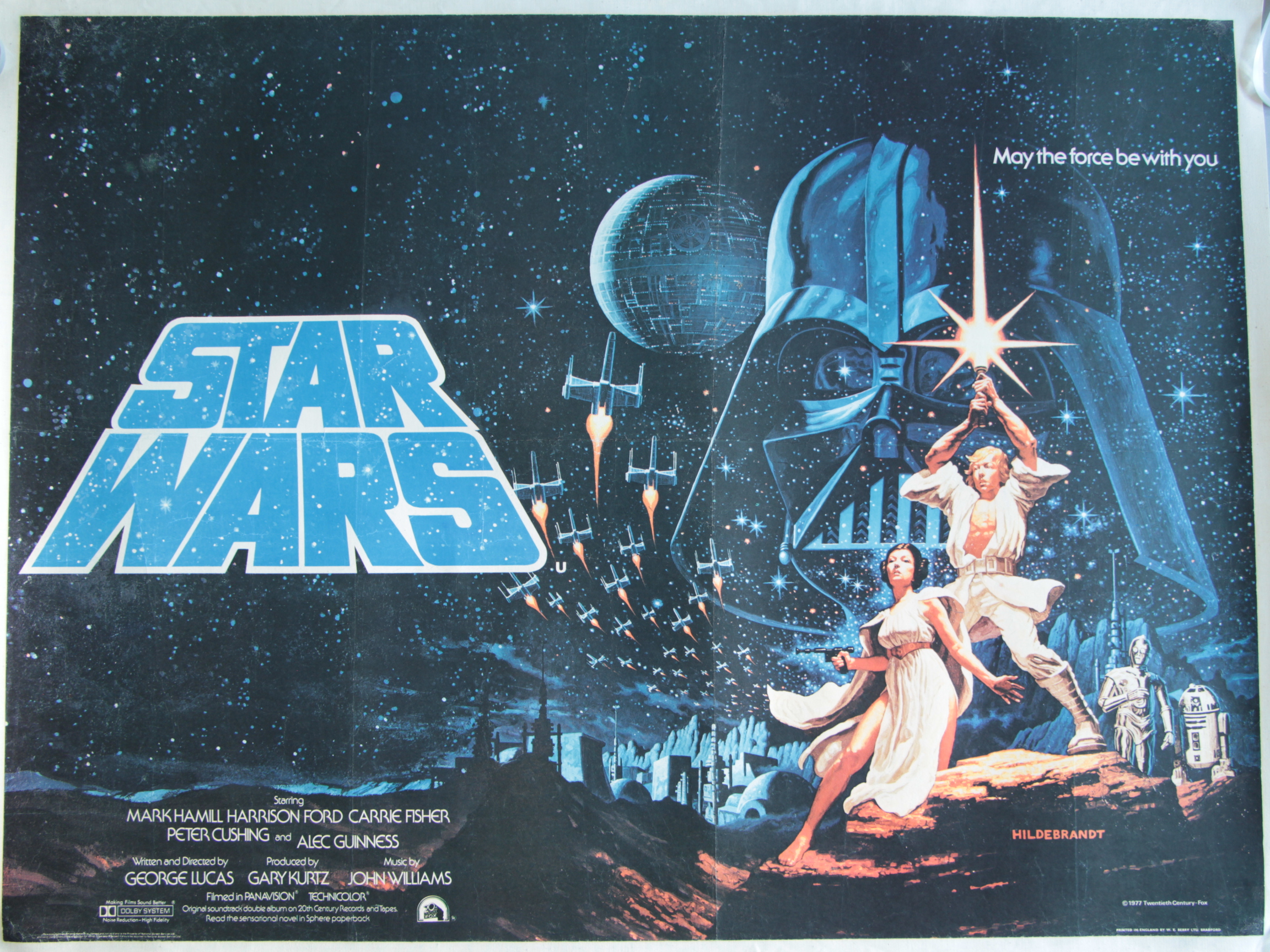 Star Wars (1977) rare Hildebrandt British Quad film poster from 1977. This poster is linen backed
