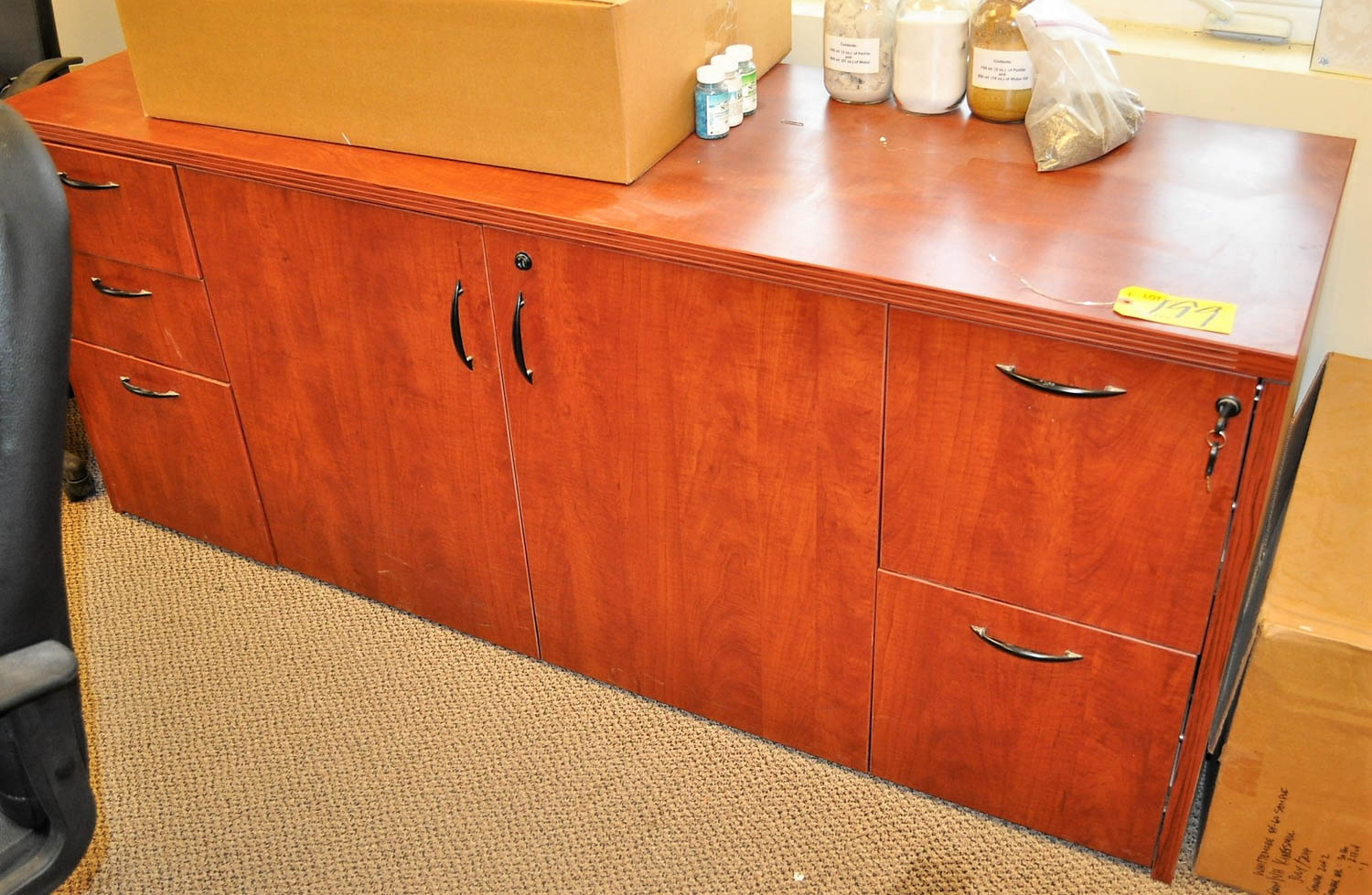 CREDENZA: 3 FILE DRAWERS+ 2 OFFICE DRAWERS, 4 DOOR CABINET SECTION, ALL ...