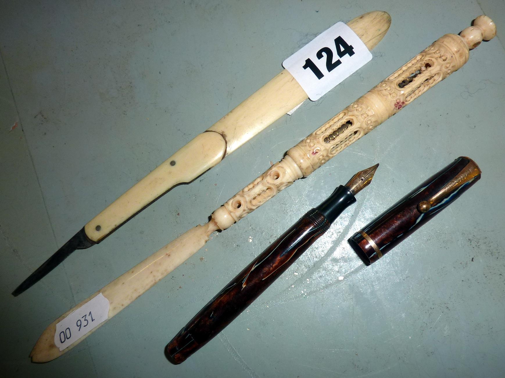 Victorian carved ivory-handled dipping pen and letter opener with ...