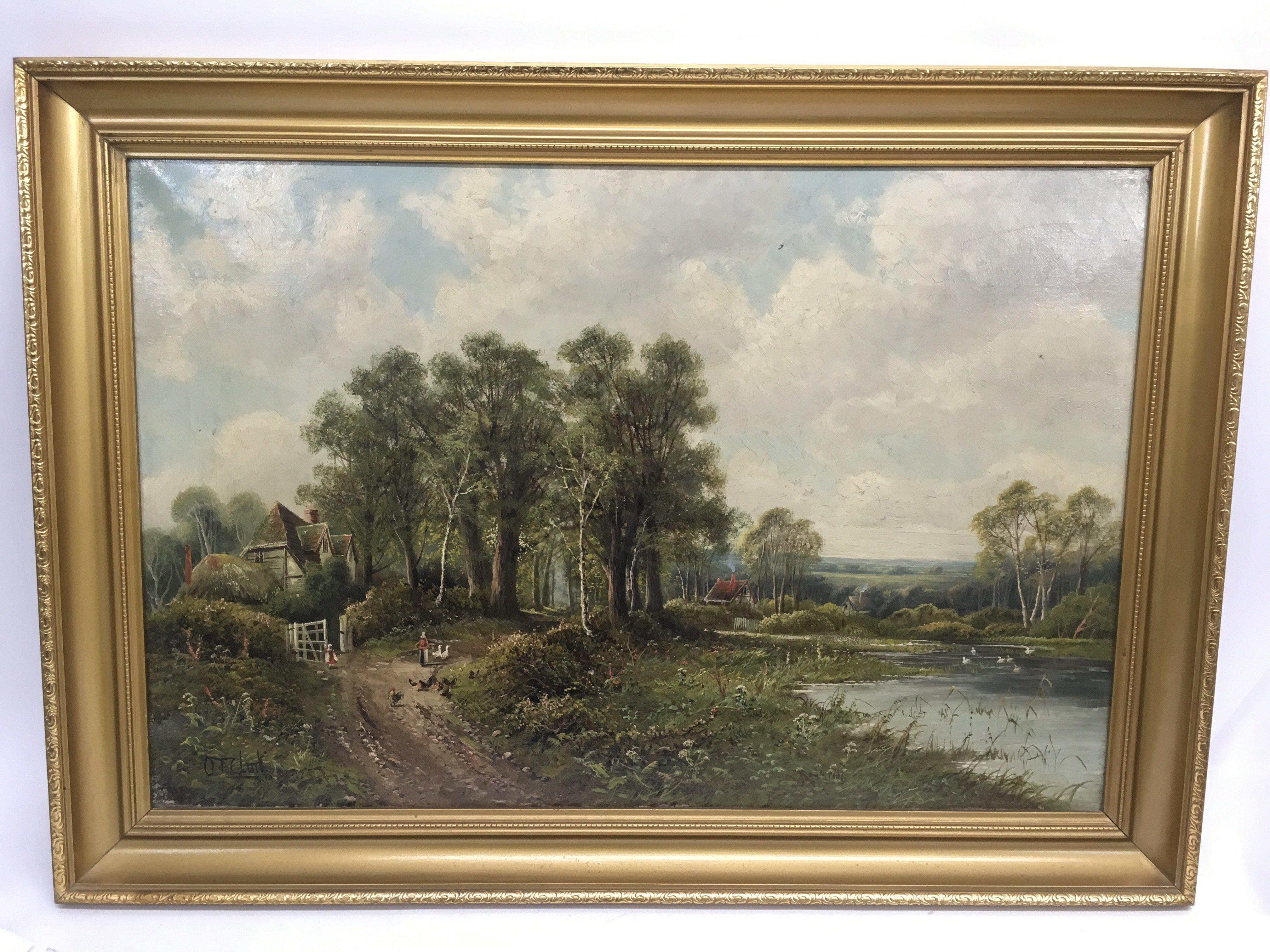 A large, gilt framed original oil landscape painting signed O.T.Clark ...