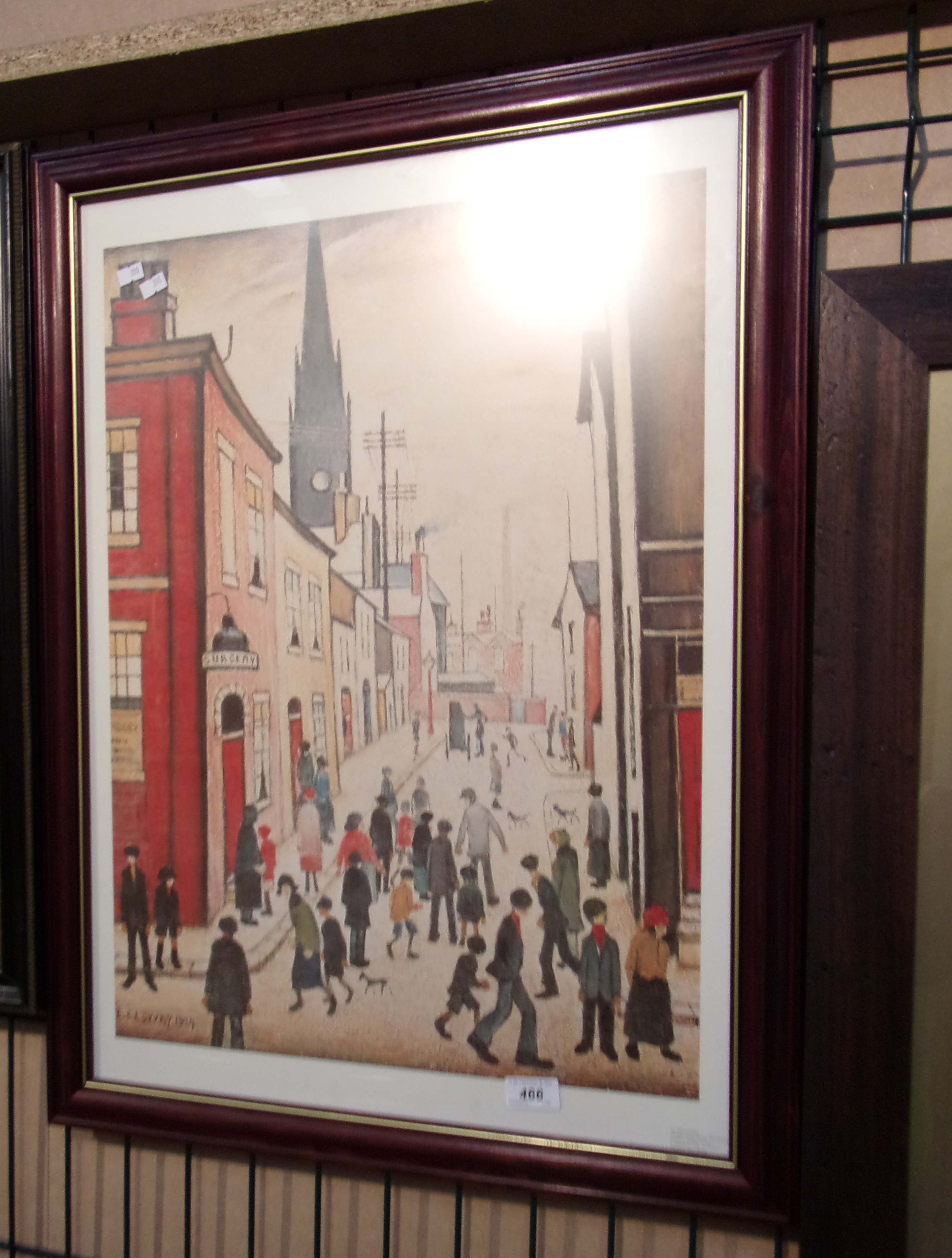Large framed LS Lowry print 'An organ grinder'