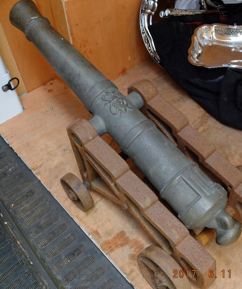 Antique Bronze Starting Cannon on Metal Wheeled Base with GR Crown mark ...