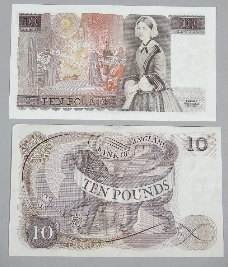 Banknotes, Florence Nightingale £10, 73C483880, Somerset cashier, and a ...