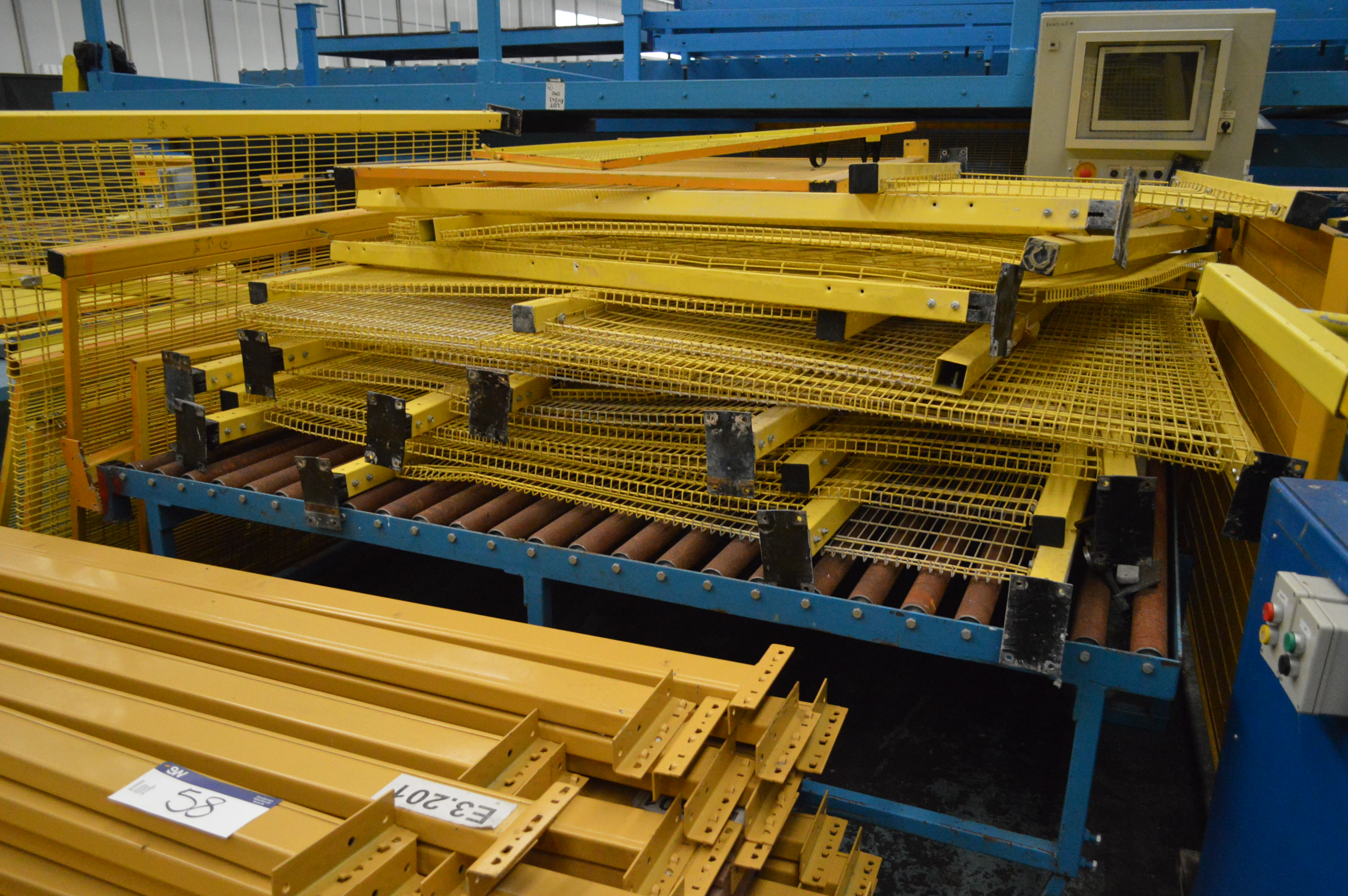 Roller Conveyor Bench, approx. 2.5m x 2.5m, with safety fencing to top ...