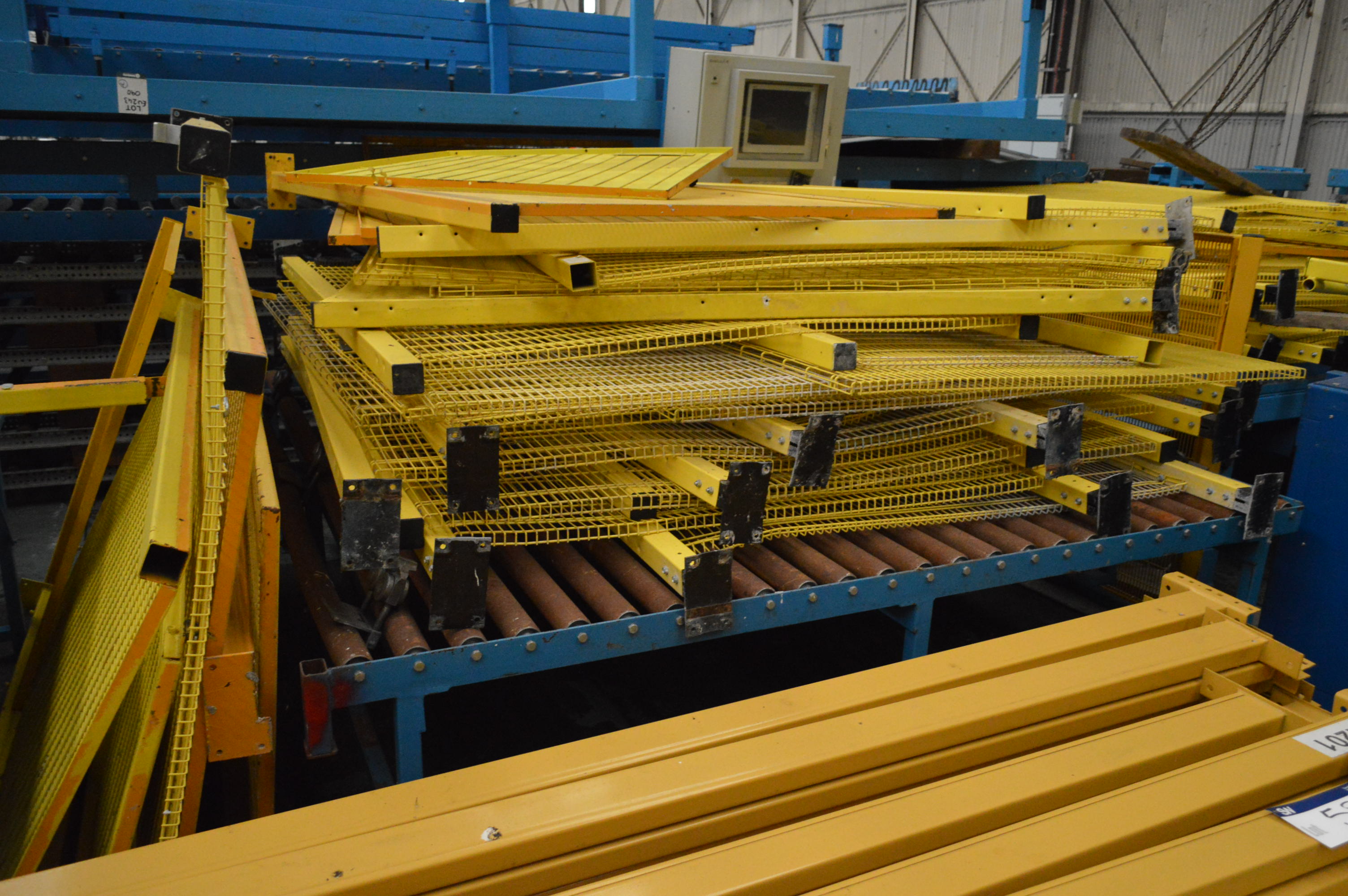 Roller Conveyor Bench, approx. 2.5m x 2.5m, with safety fencing to top ...