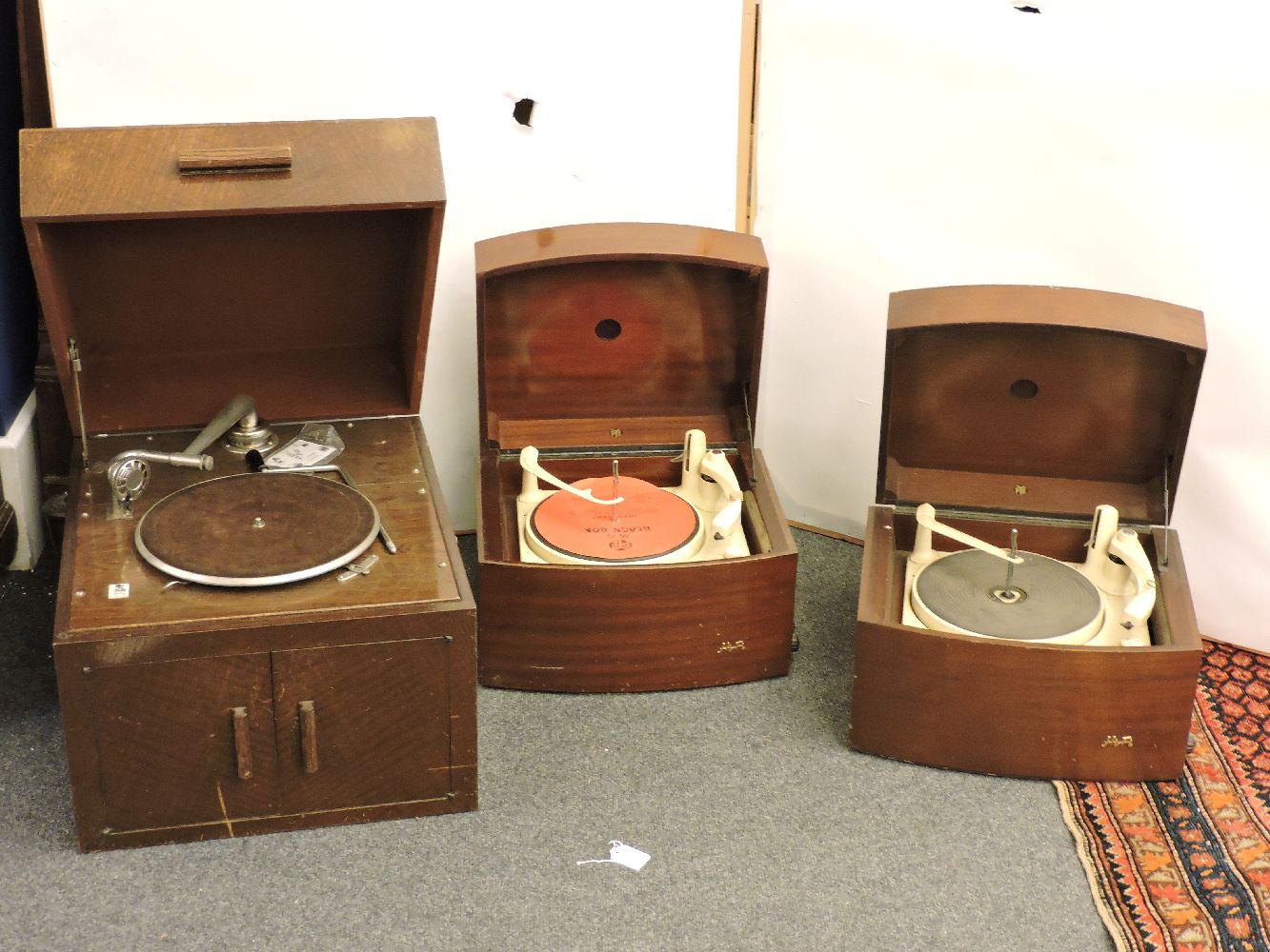 An EMG handmade gramophone, in oak case, and two Pye 'Hifi' black box ...