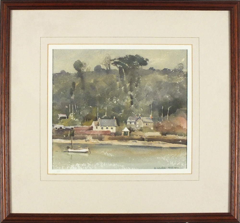 * David WESTON Watercolour Fishing boat at anchor before cottages - The ...