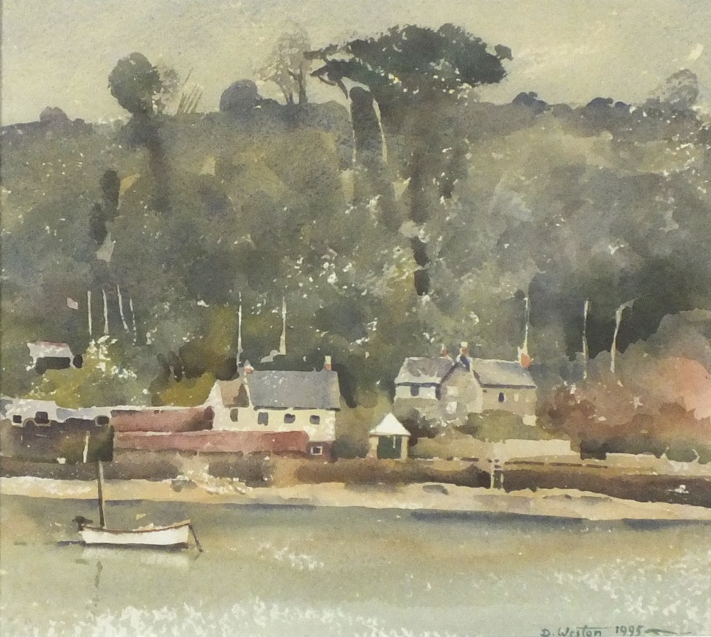 * David WESTON Watercolour Fishing boat at anchor before cottages - The ...