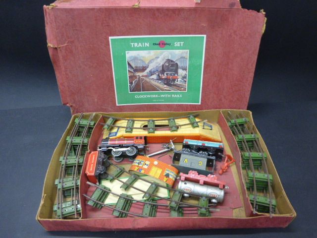 Boxed Chad Valley Clockwork Train Set with engine, 3 x wagons, platform ...