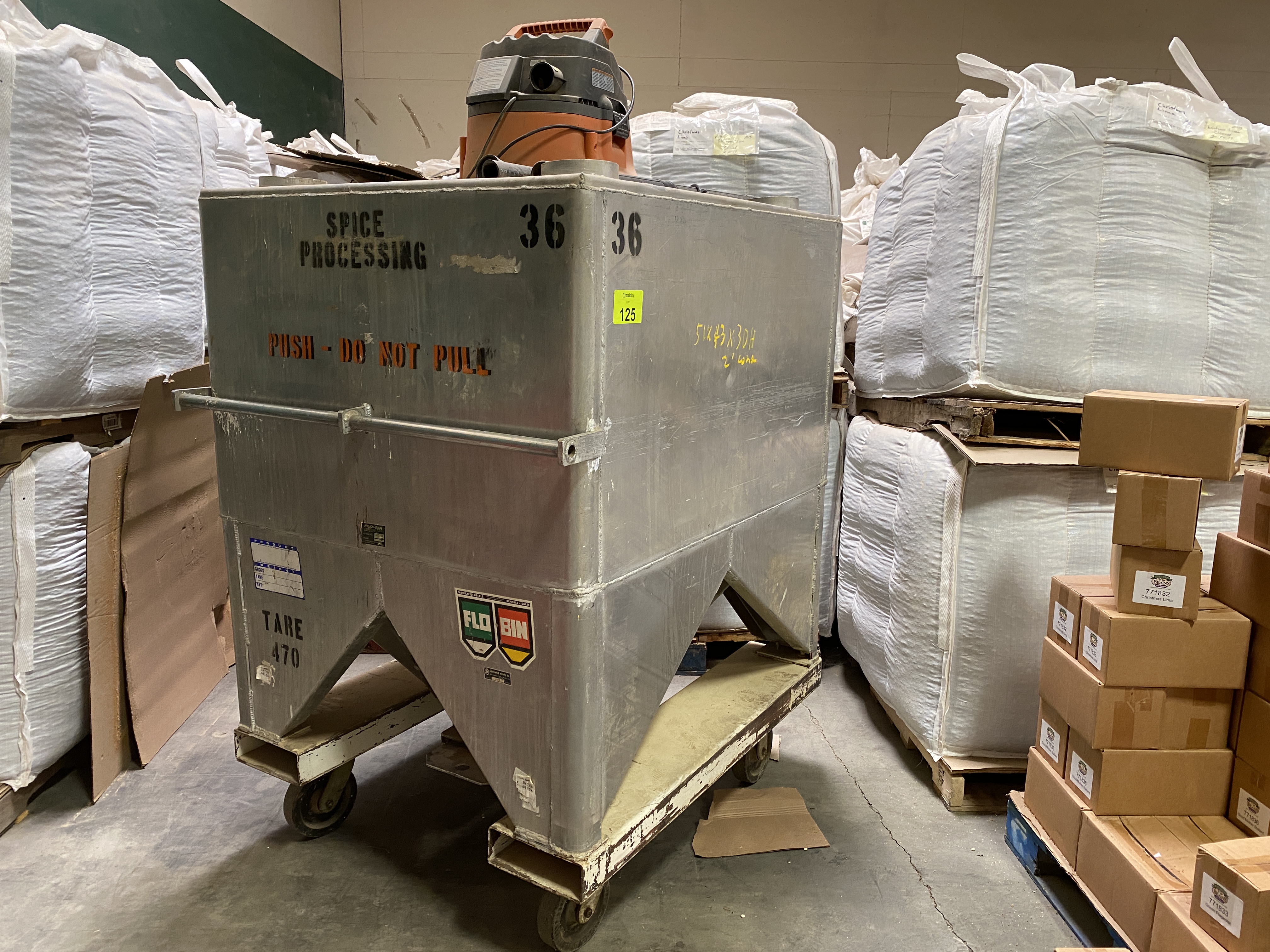 Fabricated Metals Inc mobile surge hopper for spice processing, 51"L x ...