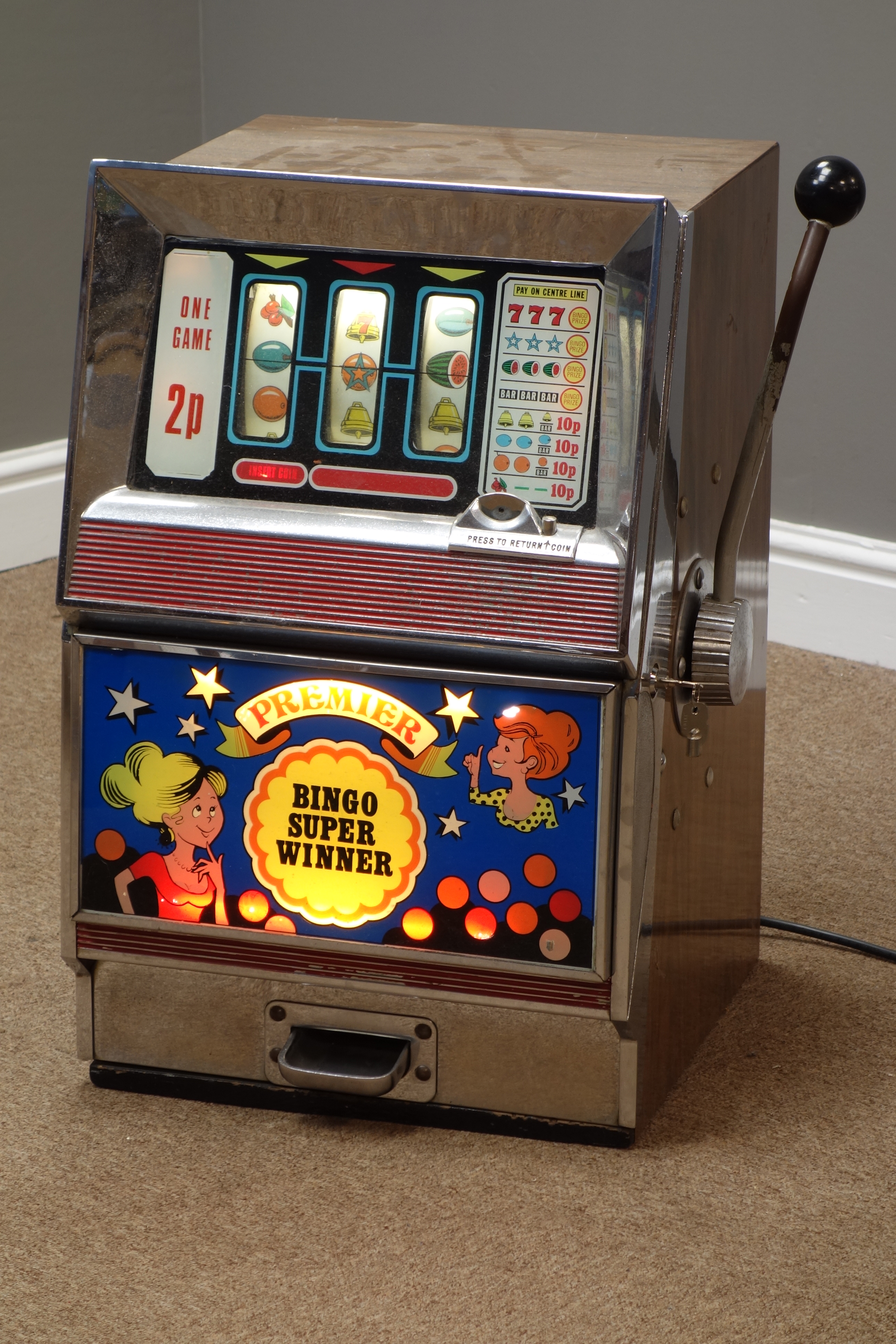 1970s 'Premier Bingo Winner' one arm bandit in chrome and melamine case ...