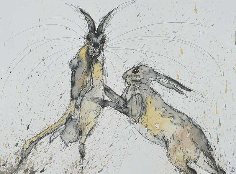 Audrey Smyth - BOXING HARES - Pen & Ink Drawing with Watercolour Wash ...
