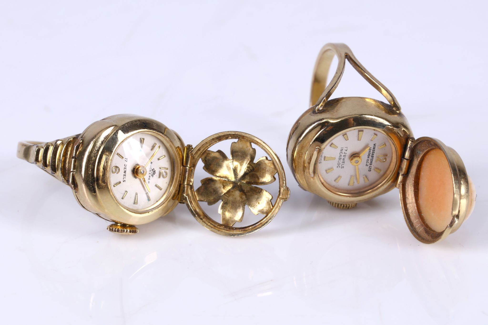 LADIES RING WATCHES Two ladies vintage gold plated ring watches, the ...