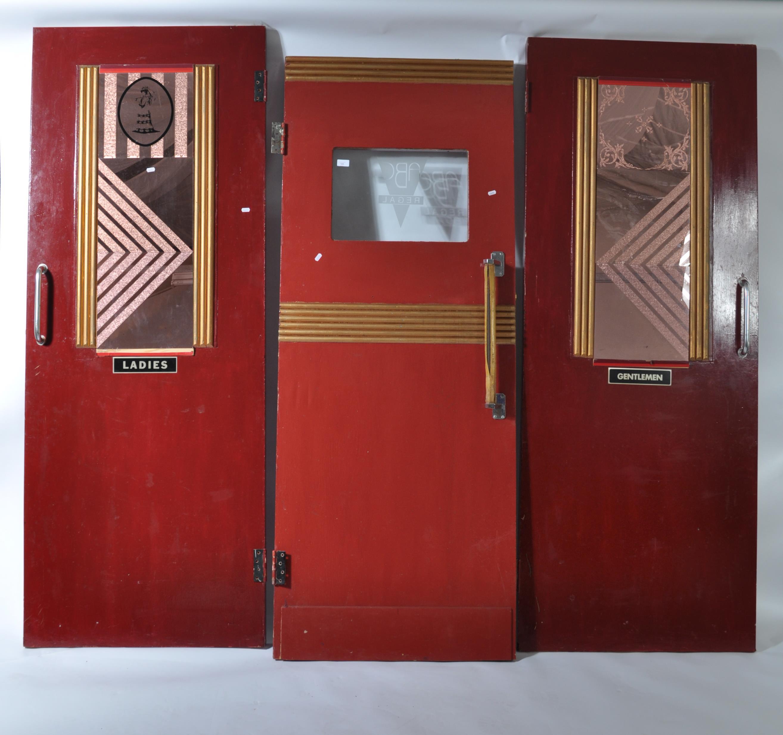 An unusual mid century set of 3 1950's cinema doors adorned with peach ...