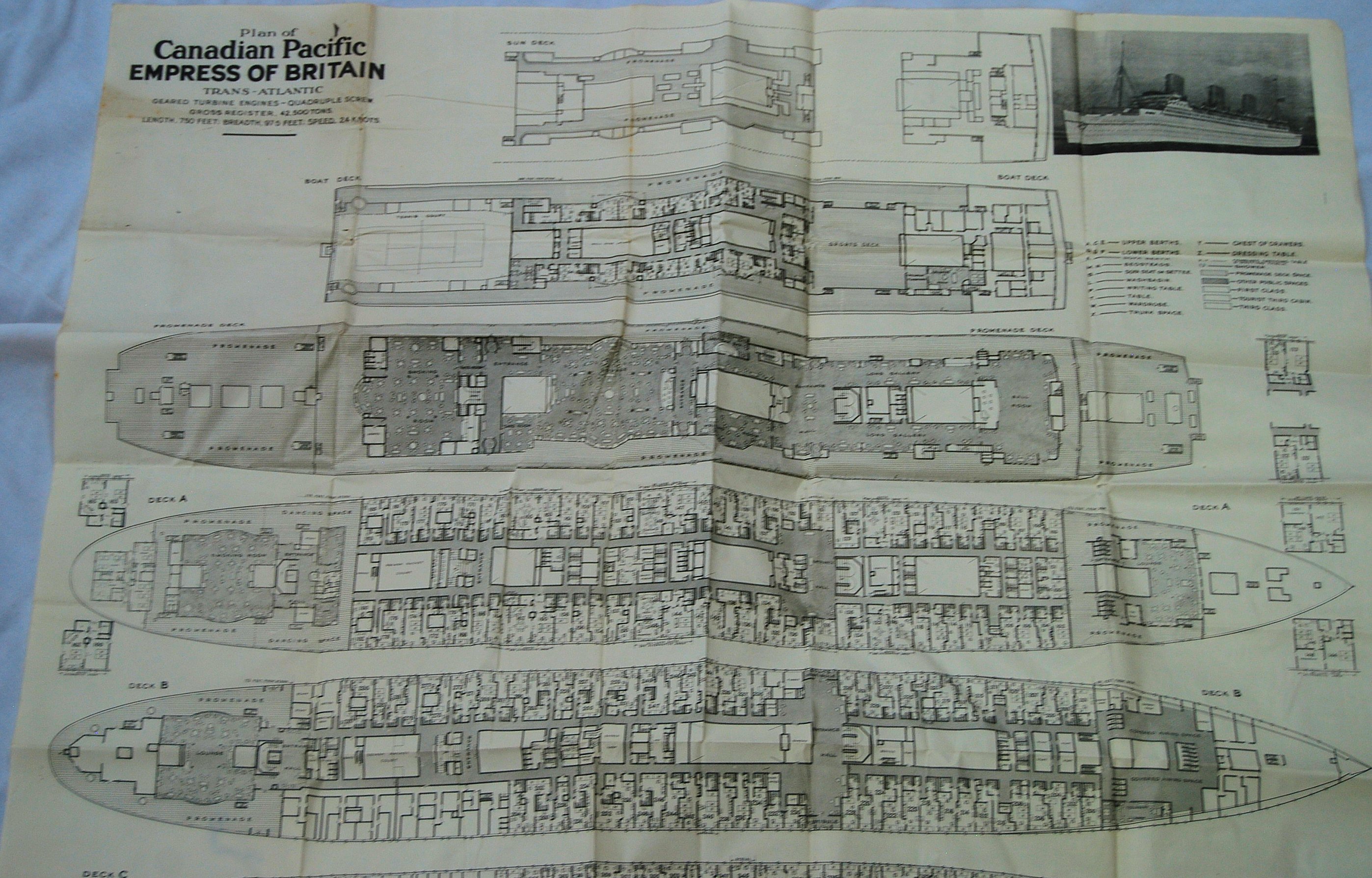 An original vintage Canadian Pacific Line ' Plan Of Empress Of Britain ...
