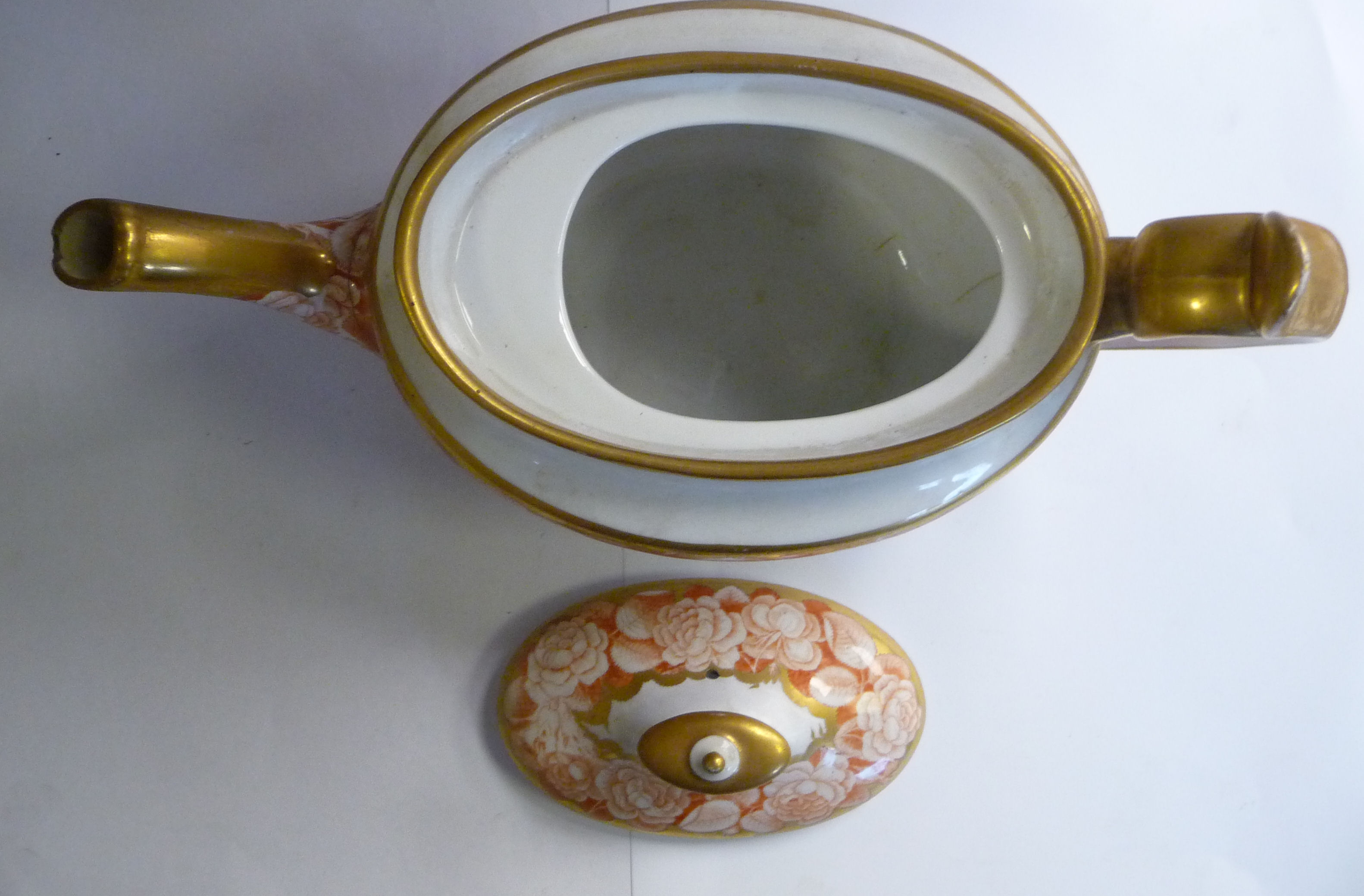 An early 19thC Spode china oval teapot and lid, decorated in sepia and ...
