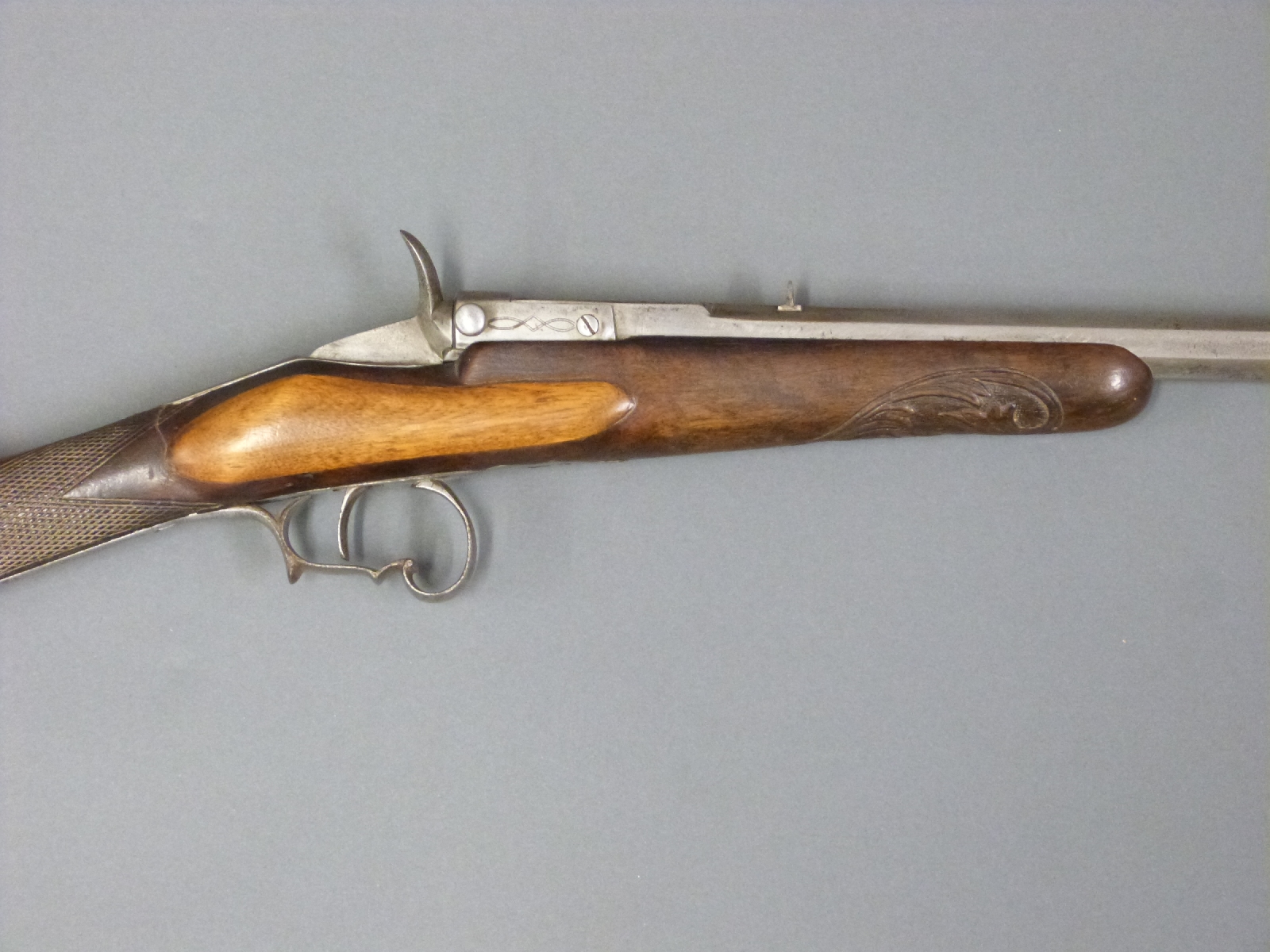 Belgian 9mm Flobert garden gun with carved forend, chequered grip, two ...