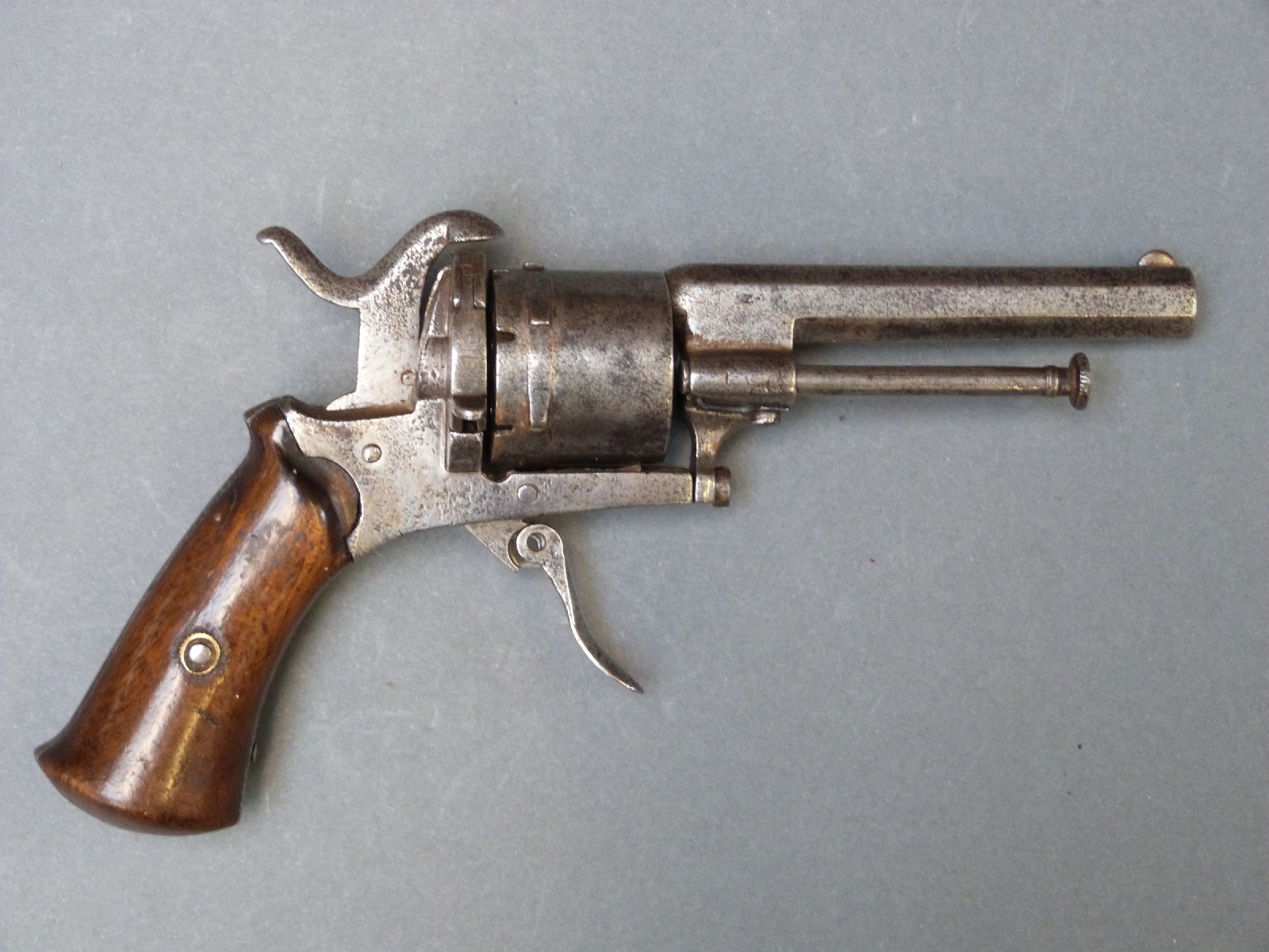Belgian 6mm six shot pin fire revolver with folding trigger, shaped ...