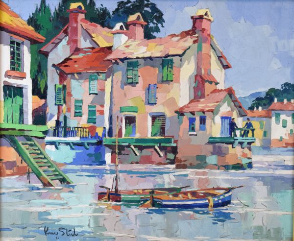 Kenneth Steel (1906-1973) - Oil on canvas - A village harbour scene ...