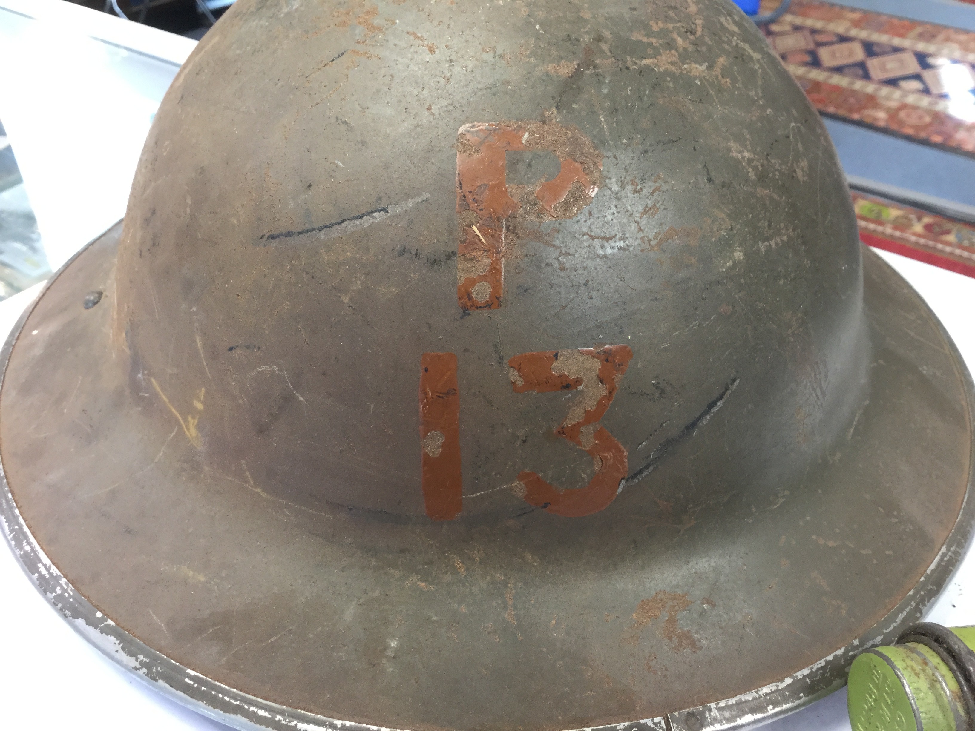 WW2 British Home Front Steel Helmet. Smooth khaki paint and marked "P ...