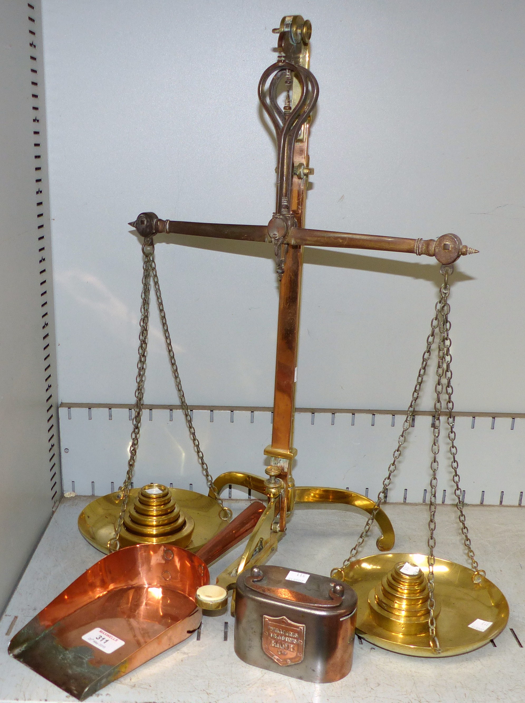 A 19th century brass and steel 2 pan bank scales, maker Vandome Titford ...