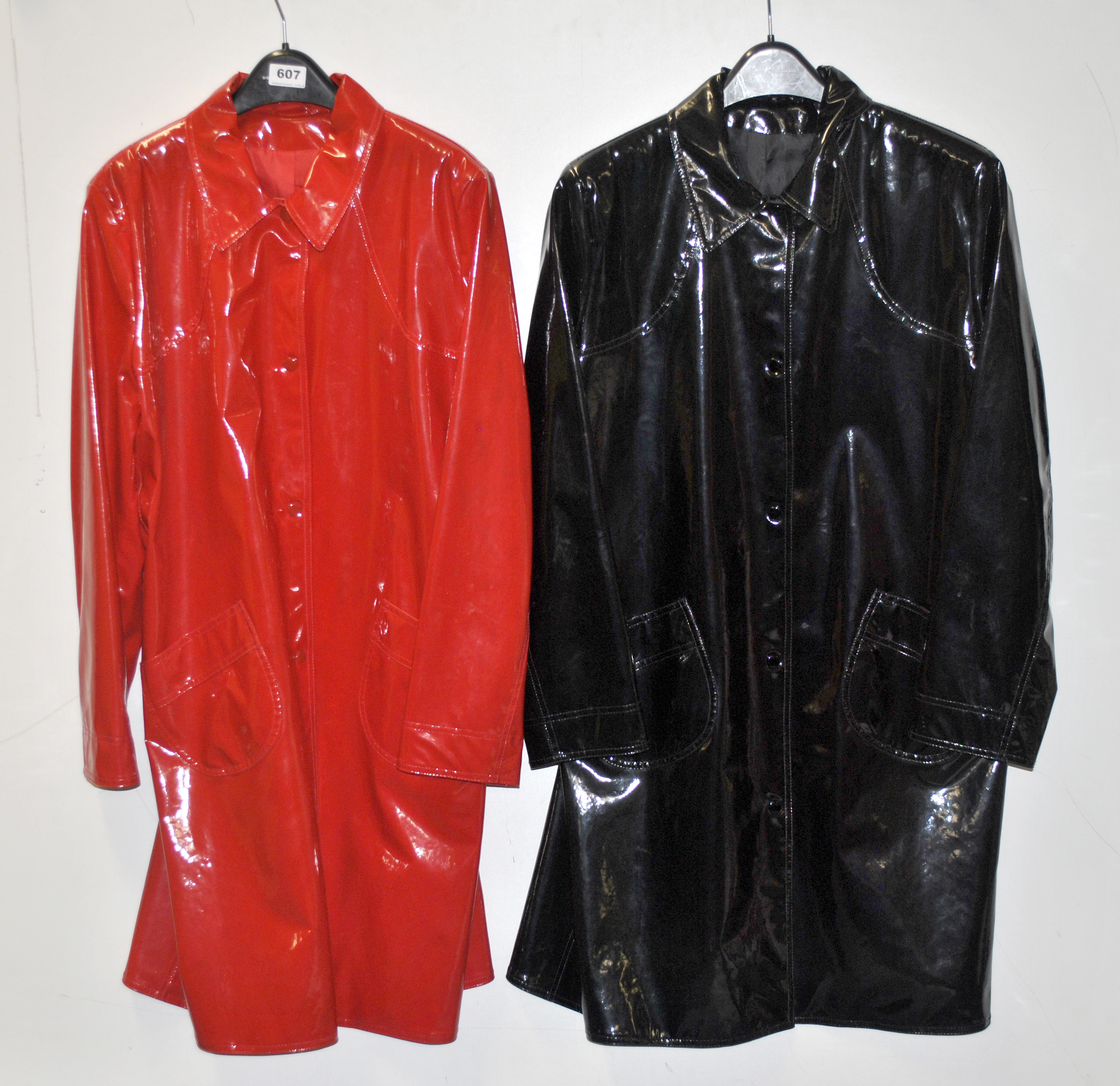 Two vintage wet look coats, size 20.