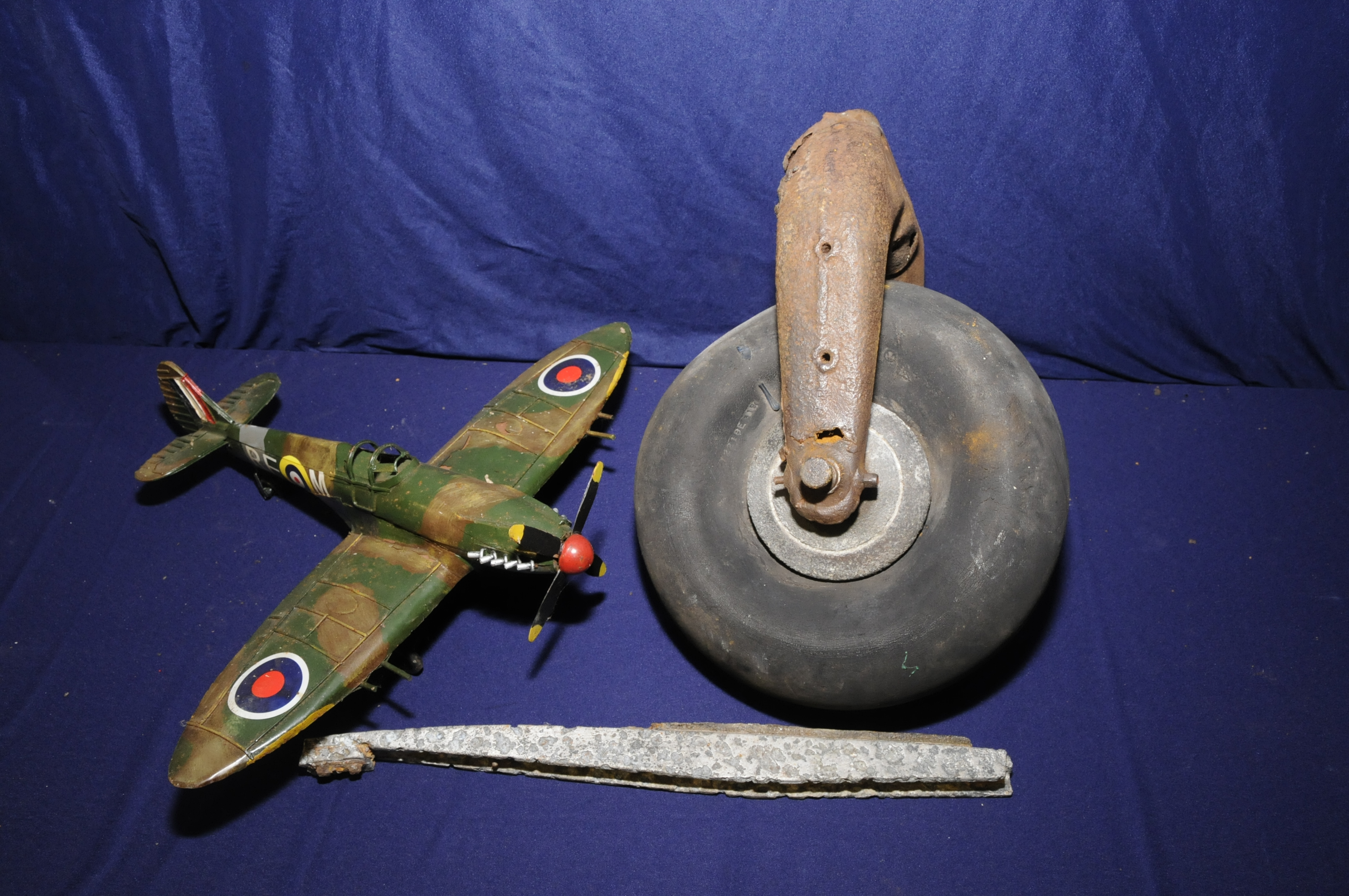Relic condition Spitfire tail wheel with Spitfire model and canopy frame